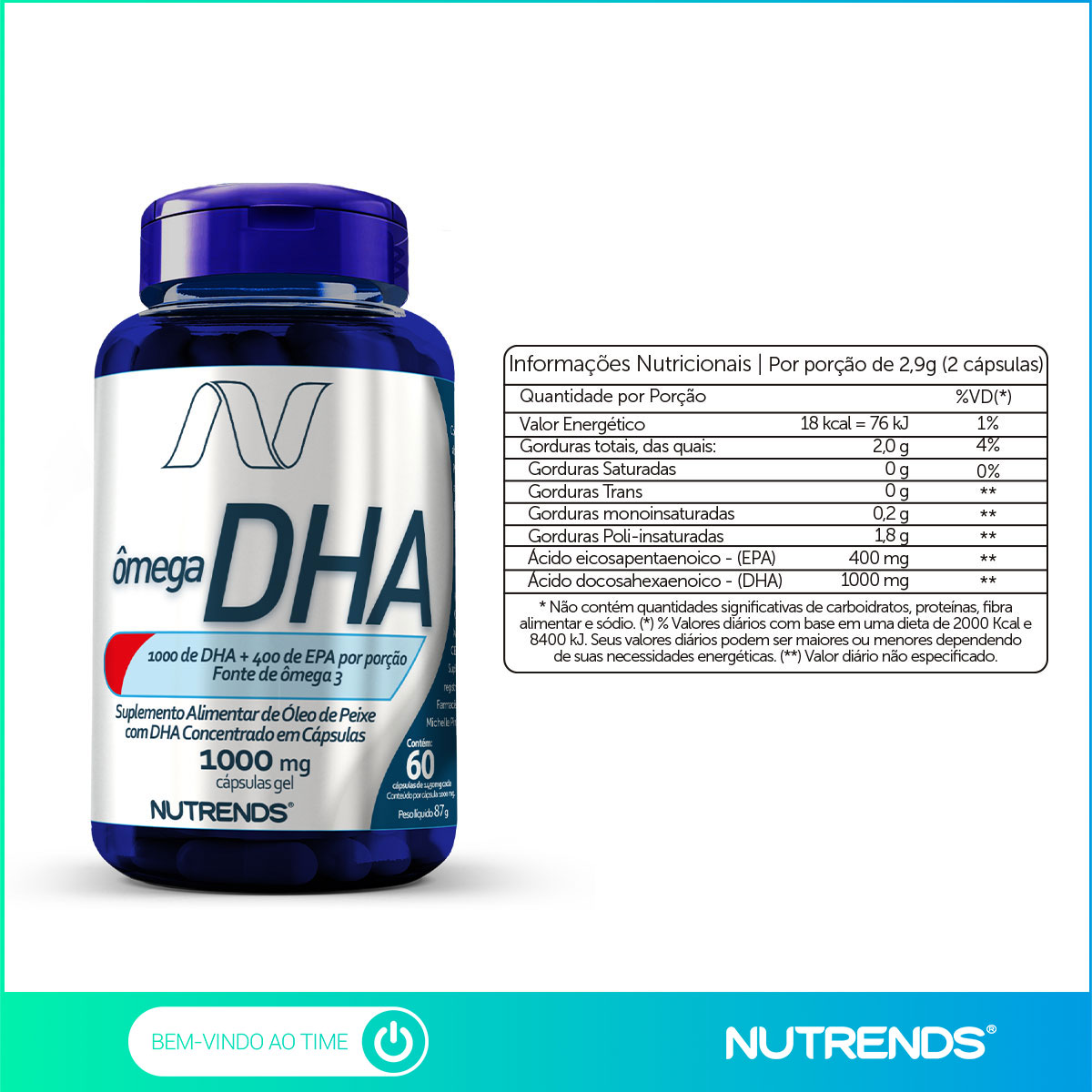 Ômega DHA (1000mg DHA / 400mg EPA) - 60 Cápsulas - Nutrends