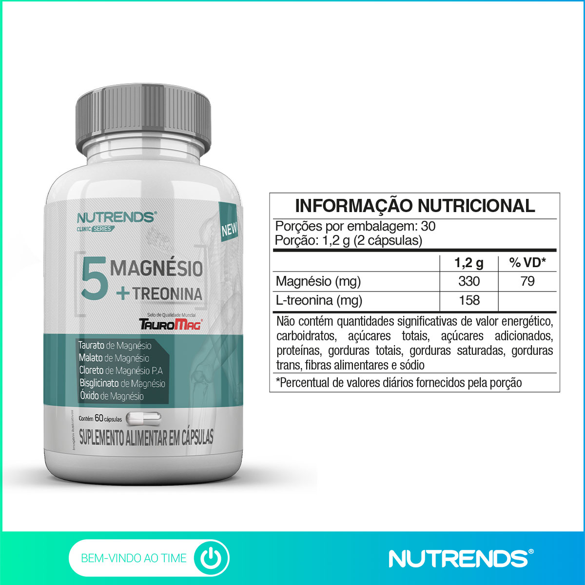 5 Magnésios + Treonina (Selo TauroMag) 60 Cápsulas - Nutrends